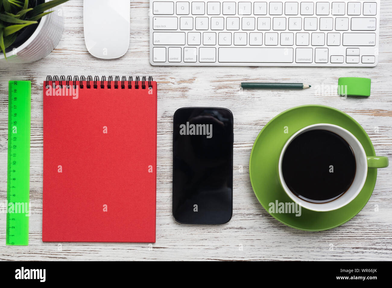 Top view modern office employee workspace. Coffee time at work. Flat ...