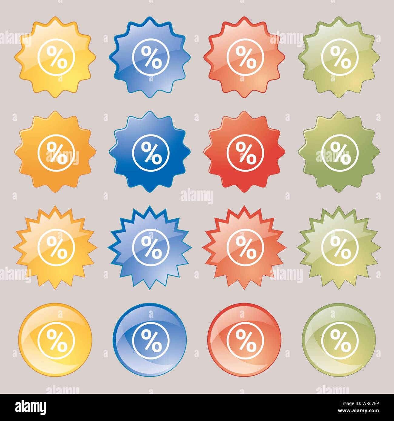 percentage discount icon sign. Big set of 16 colorful modern buttons ...
