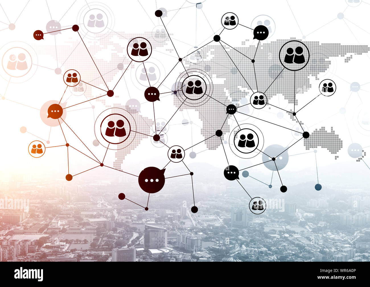 Modern cityscape with buildings and skyscrapers and social connection ...