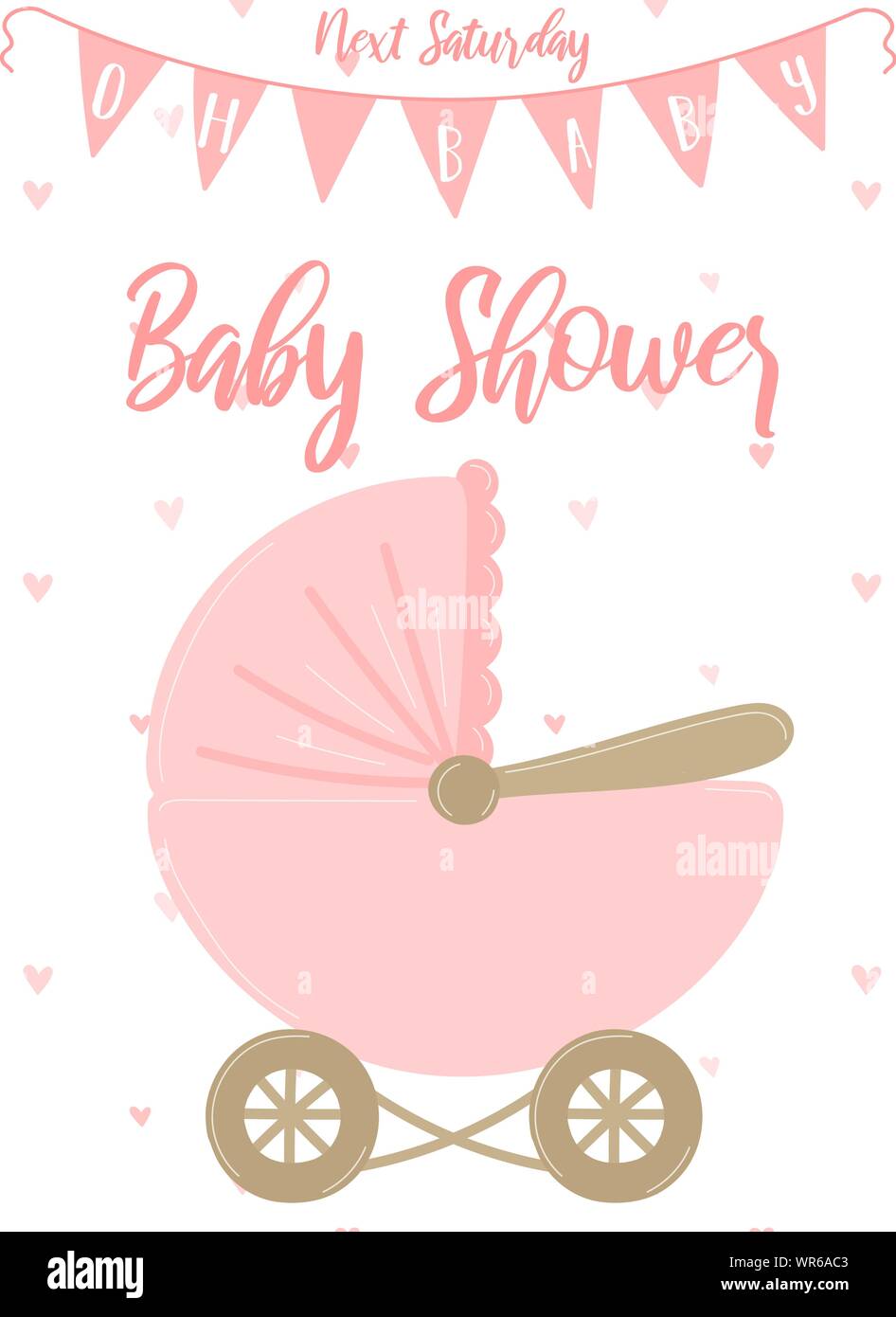 Vector illustration of a pink pram with flags on a background of hearts ...