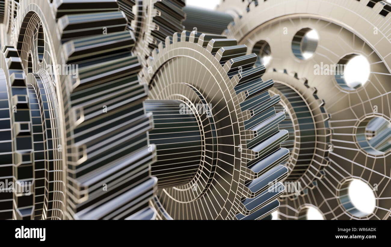 Futuristic gear mechanism, on white background. 3D illustration Stock ...