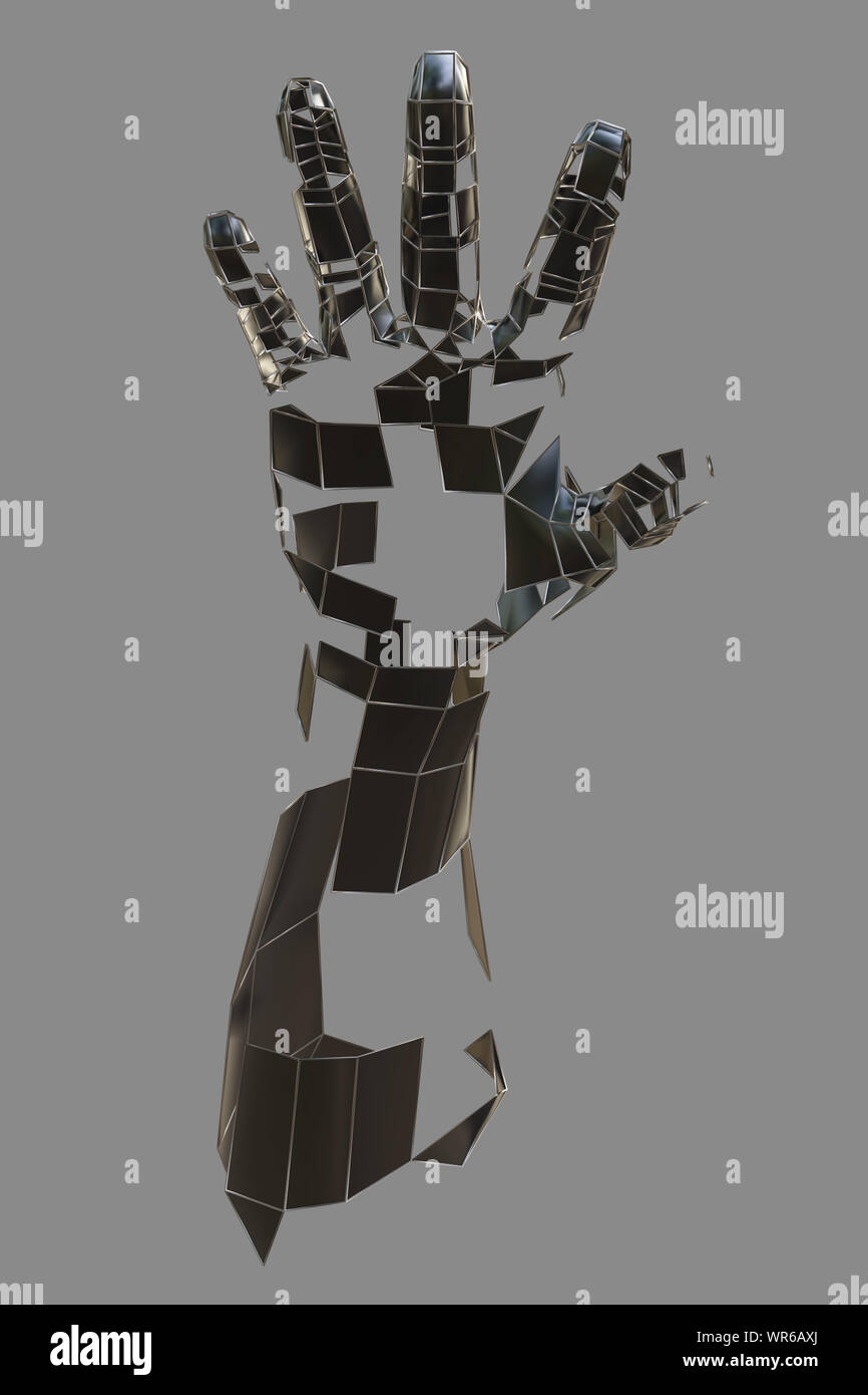 Abstract robot hand. Metal hand on grey background. 3D illustration ...