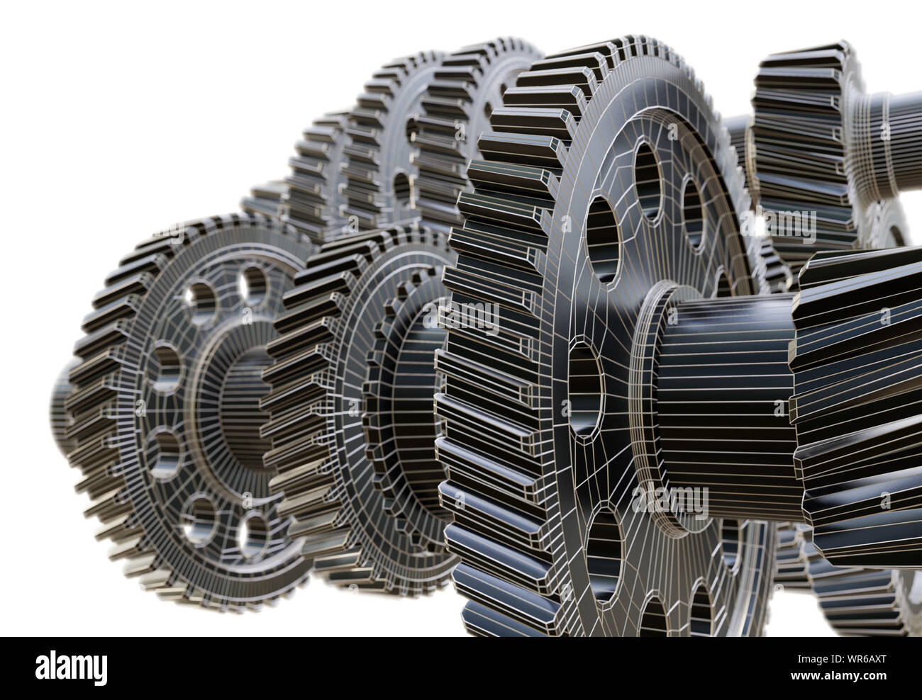 Futuristic gear mechanism, on white background. 3D illustration Stock ...