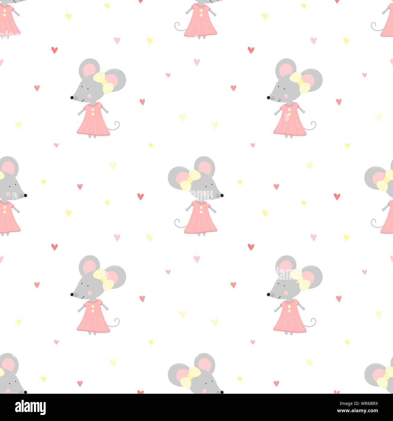 Seamless pattern of cute mice in a pink dress and hearts. Vector image ...