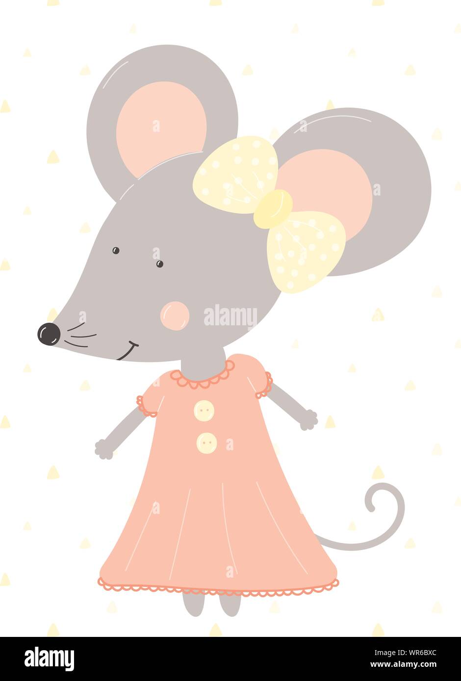 Vector illustration of a mouse girl in a pink dress and bow on a ...