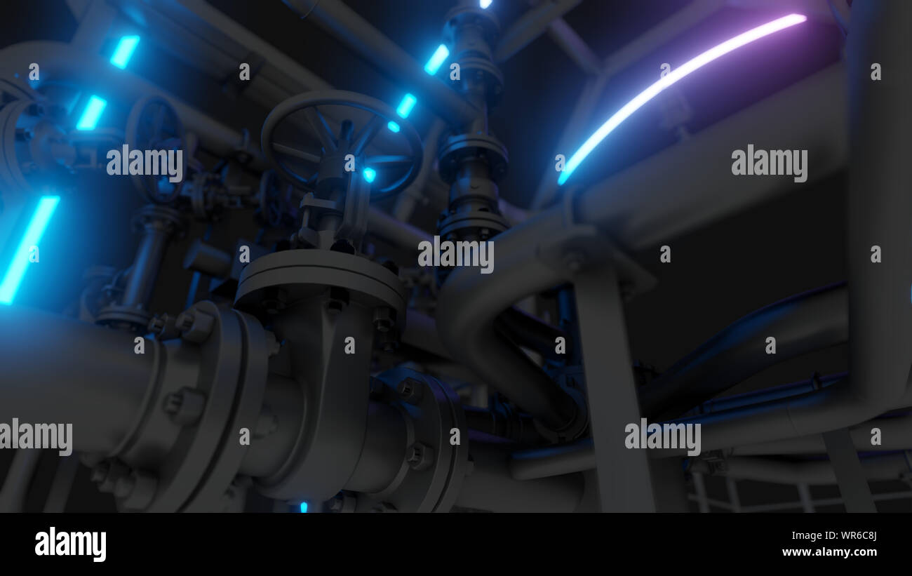 Abstract Industrial Equipment with Neon Lights. Ultraviolet light. 3D ...