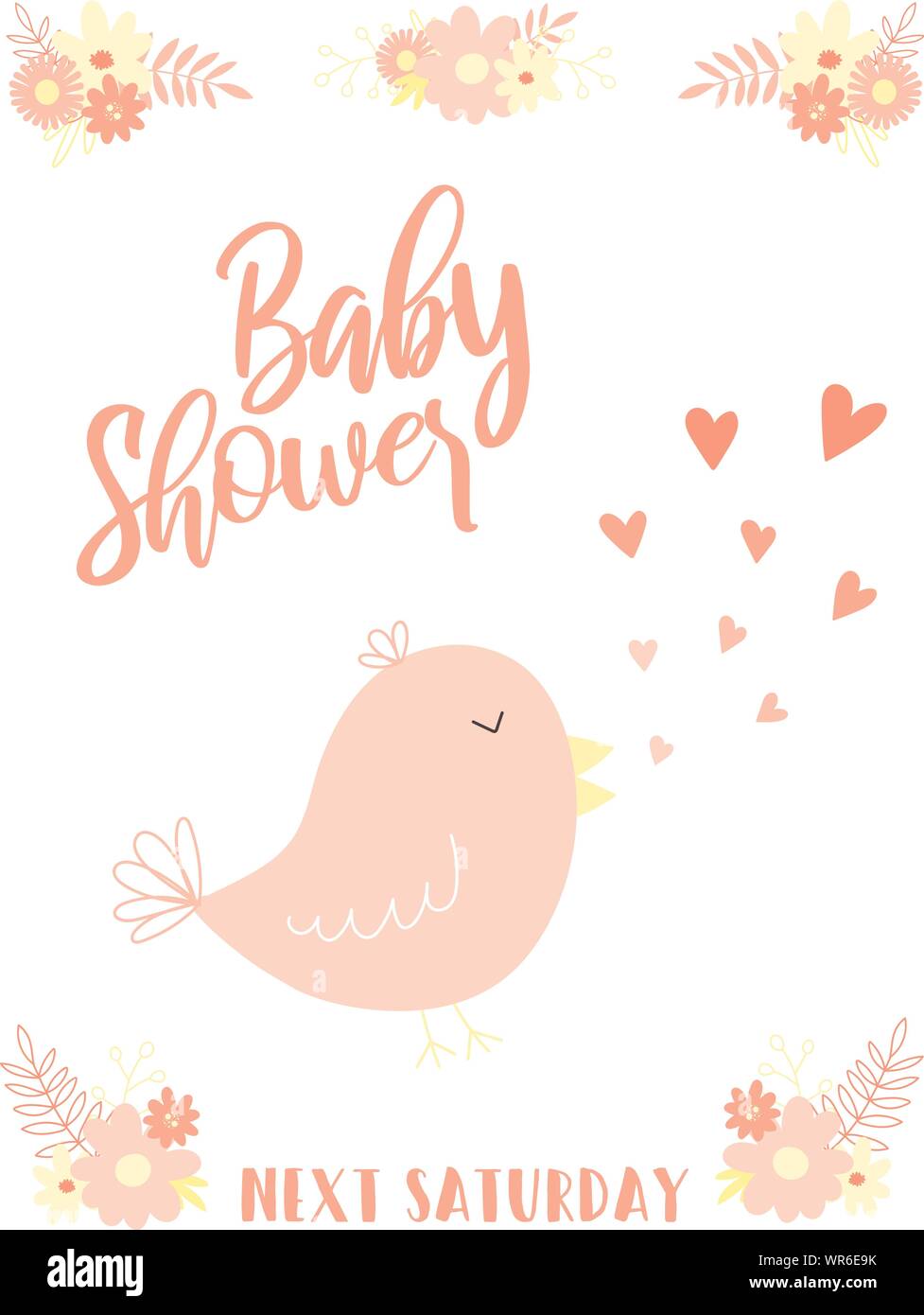 Vector illustration of pink birds with hearts among flowers. Image for ...