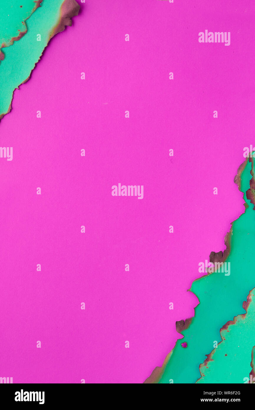 Mint color paper frame with burned edges, flat lay on glowing purple ...