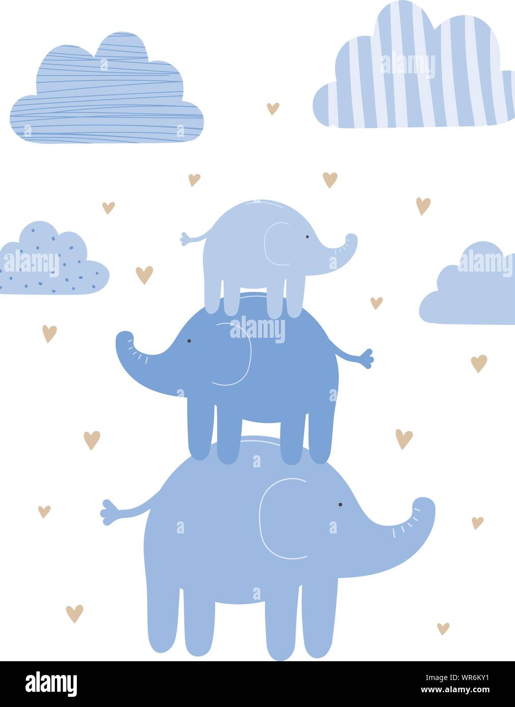 Vector illustration of three blue elephants among the clouds and hearts ...