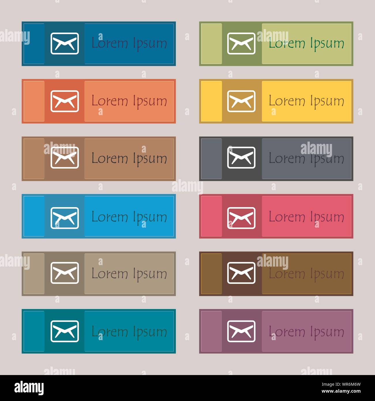 Mail, Envelope, Message icon sign. Set of twelve rectangular, colorful, beautiful, high-quality ...