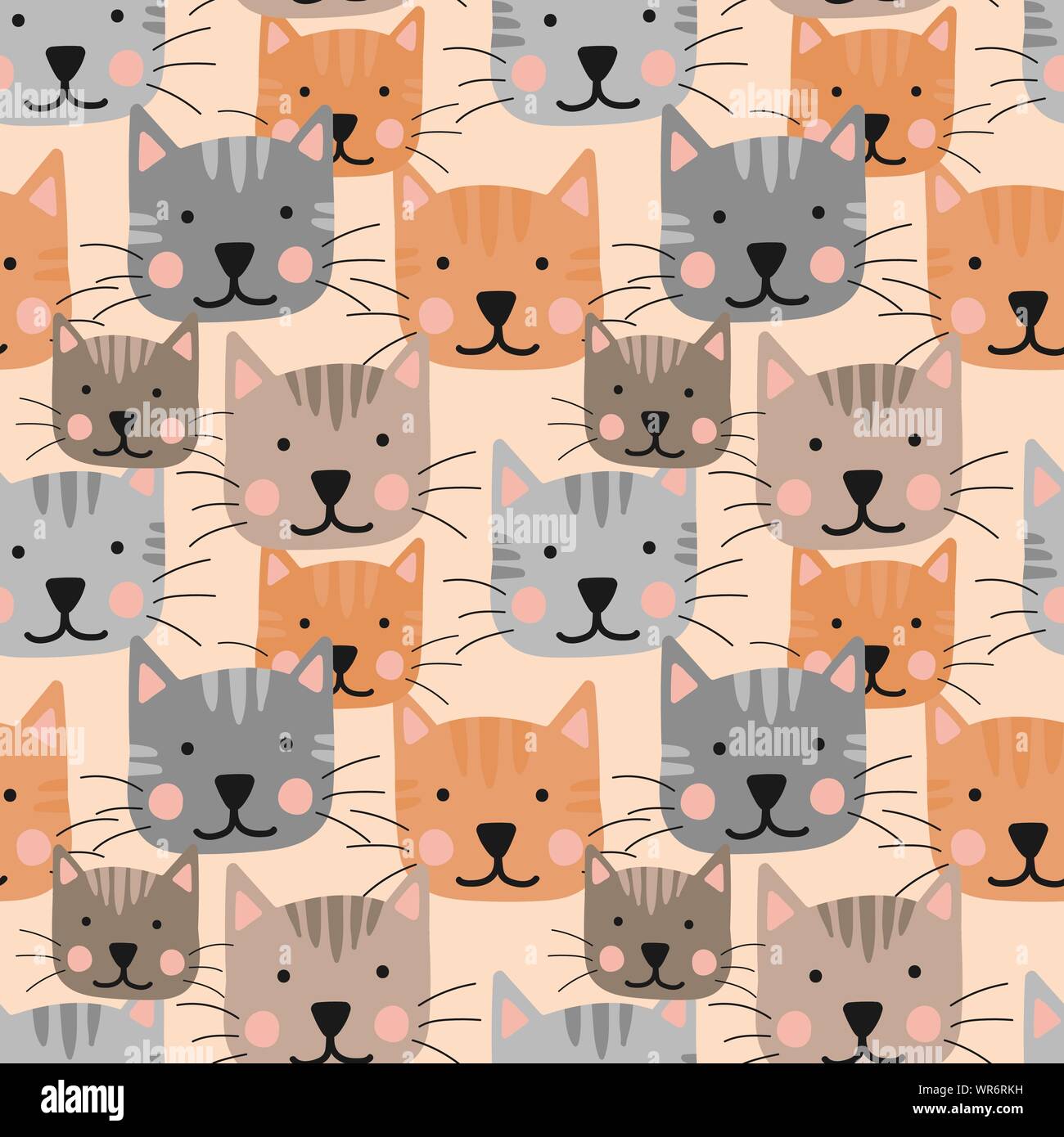 Seamless pattern of hand-drawn cute cats for kids. Image on a ...