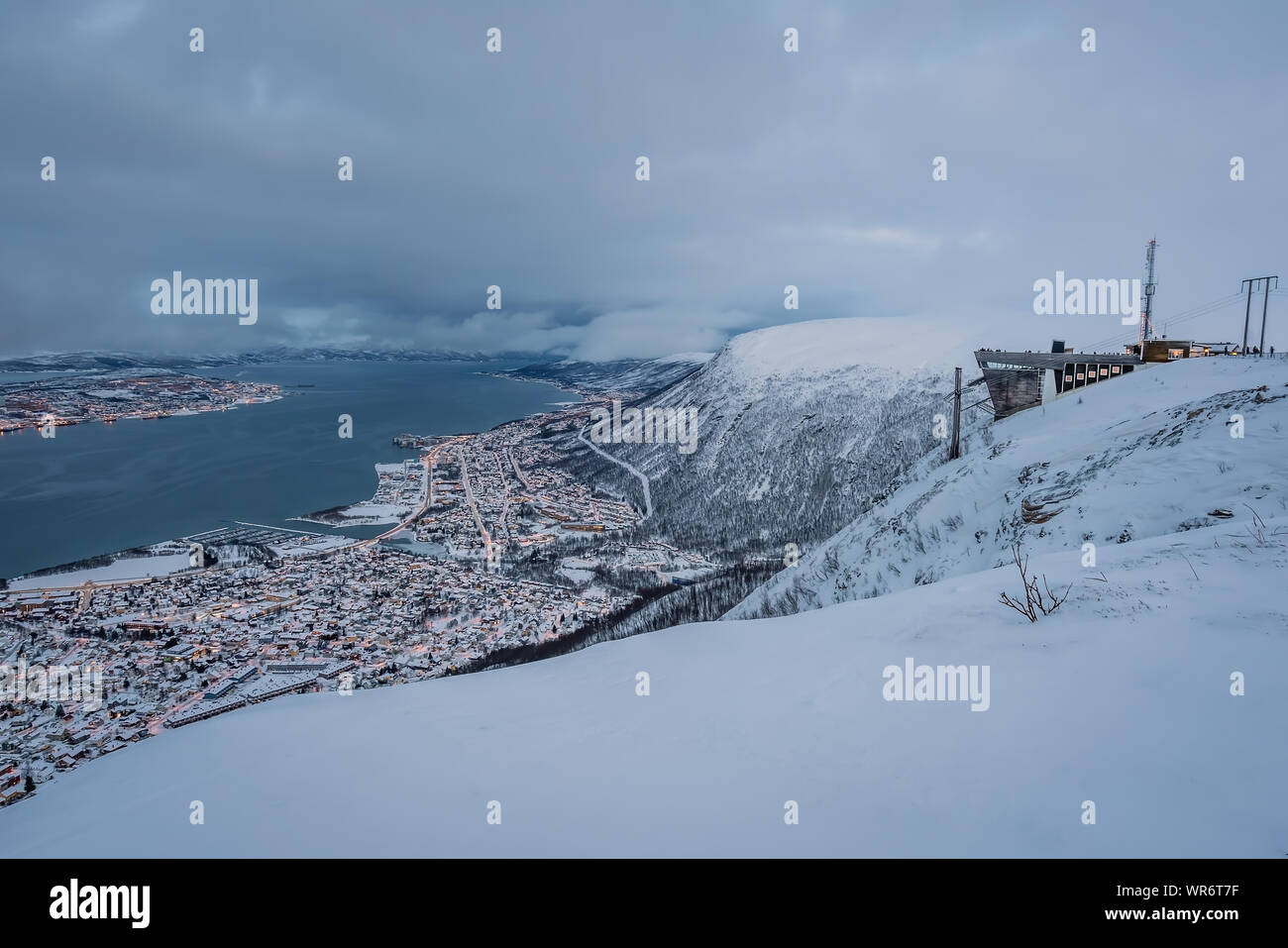 Cable car station above Tromso on the mountain ledge Storsteinen, 421 m above sea level ...