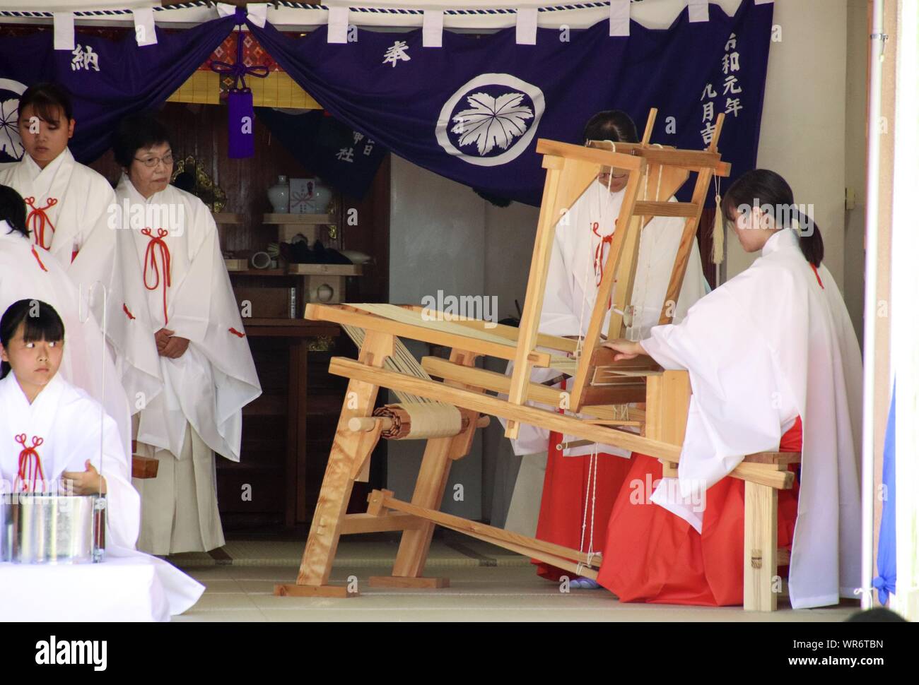A woman wearing traditional clothing for shrine maidens weaves a fabric ...