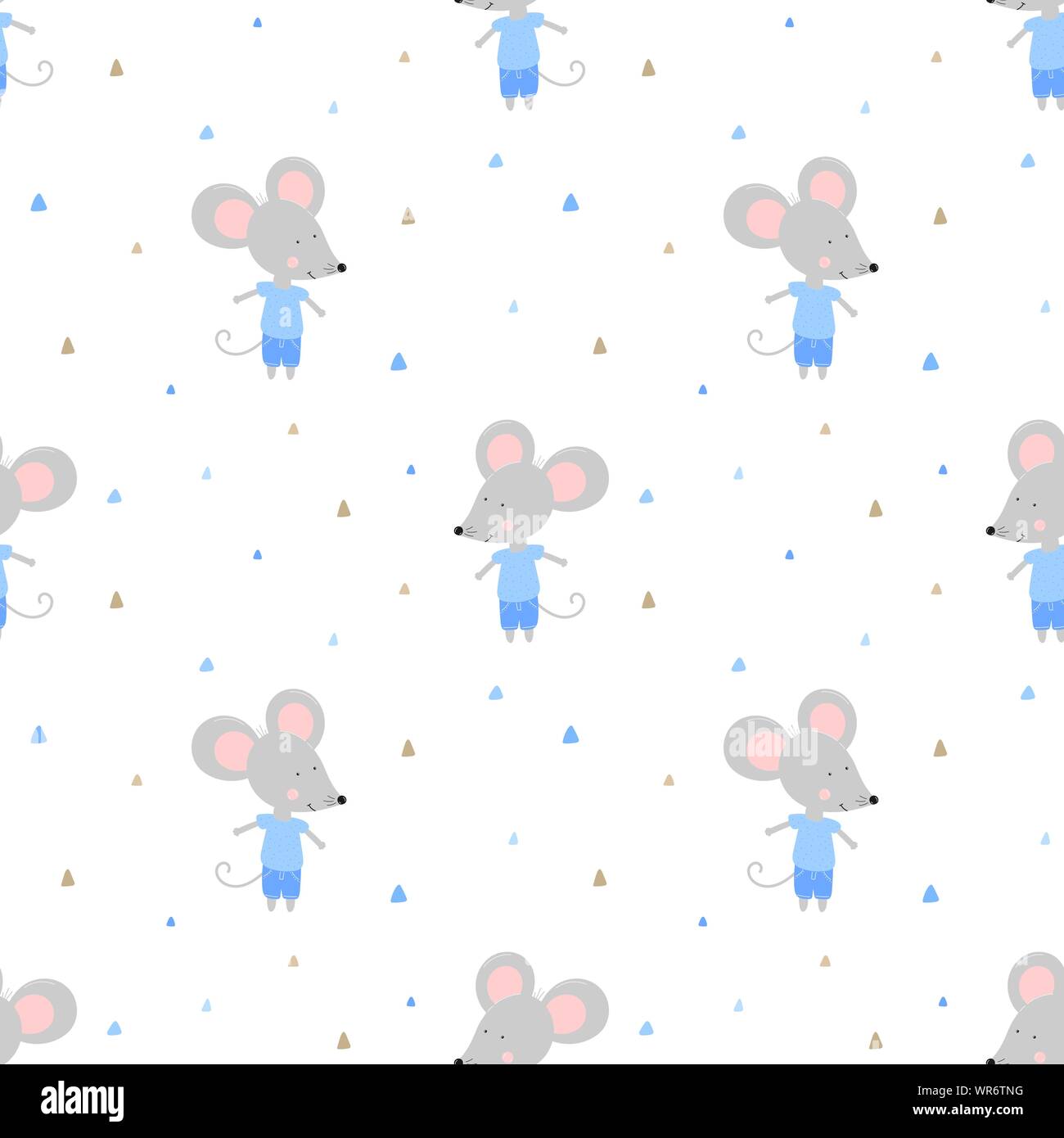 Seamless pattern of cute mice in blue clothes and triangles. Vector ...