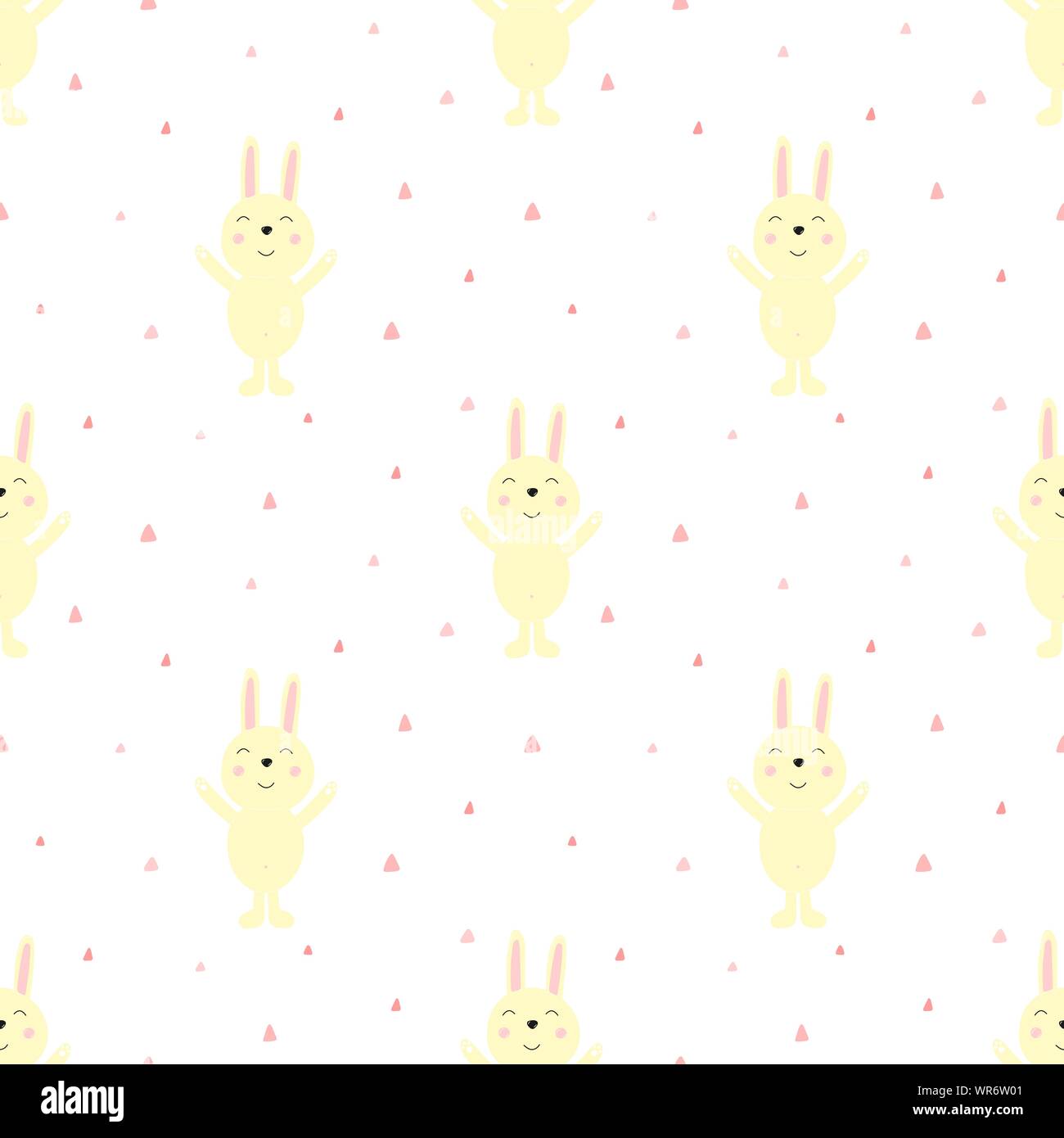 Seamless pattern of cute rabbits on a background of pink triangles ...