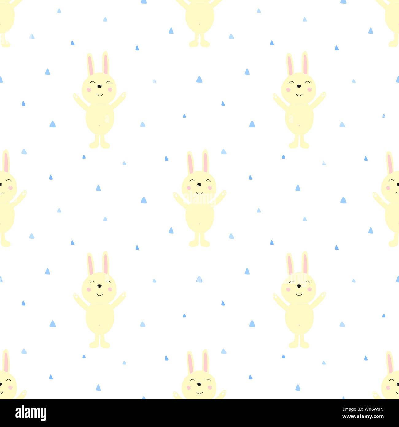 Seamless pattern of cute rabbits on a background of blue triangles ...