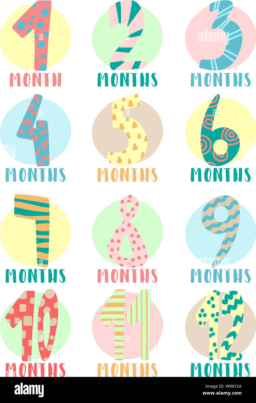 Vector image of 12 months for children. A collection of multicolored ...