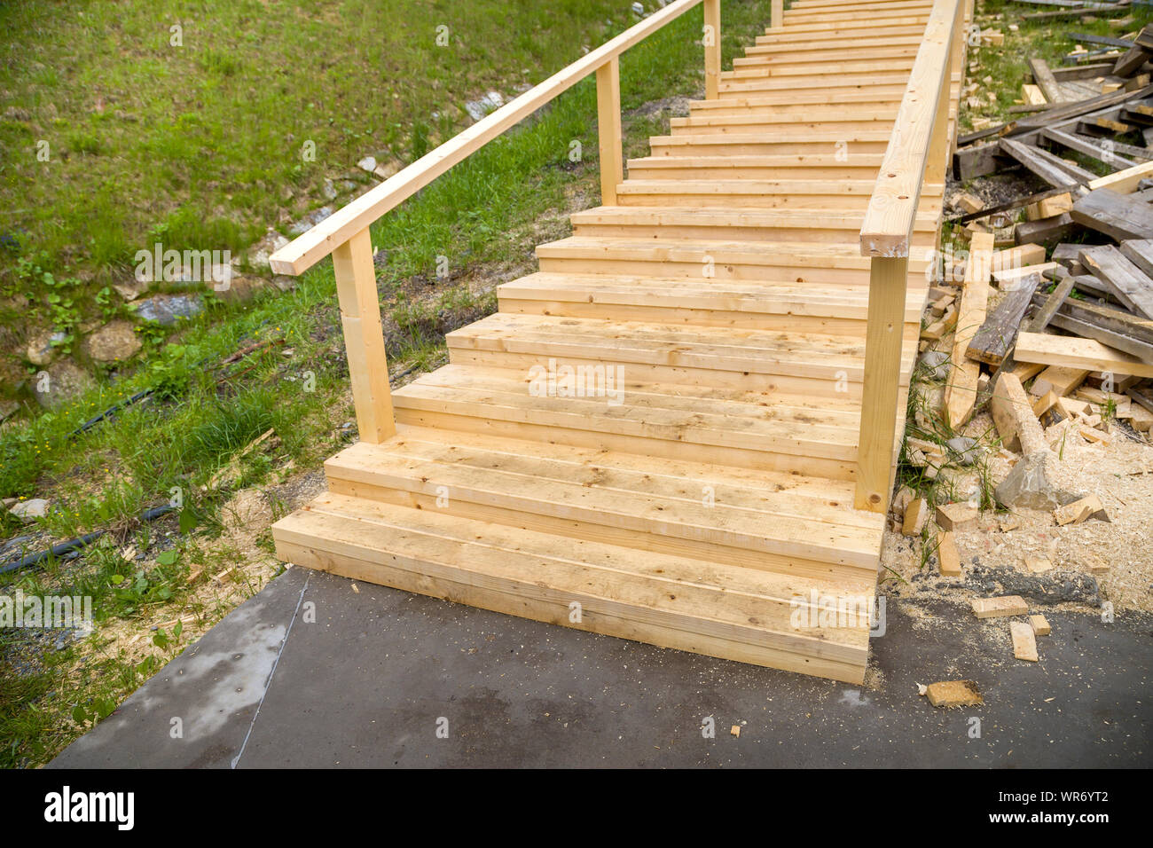 New wooden stairs outdoors. Carpenters work Stock Photo - Alamy
