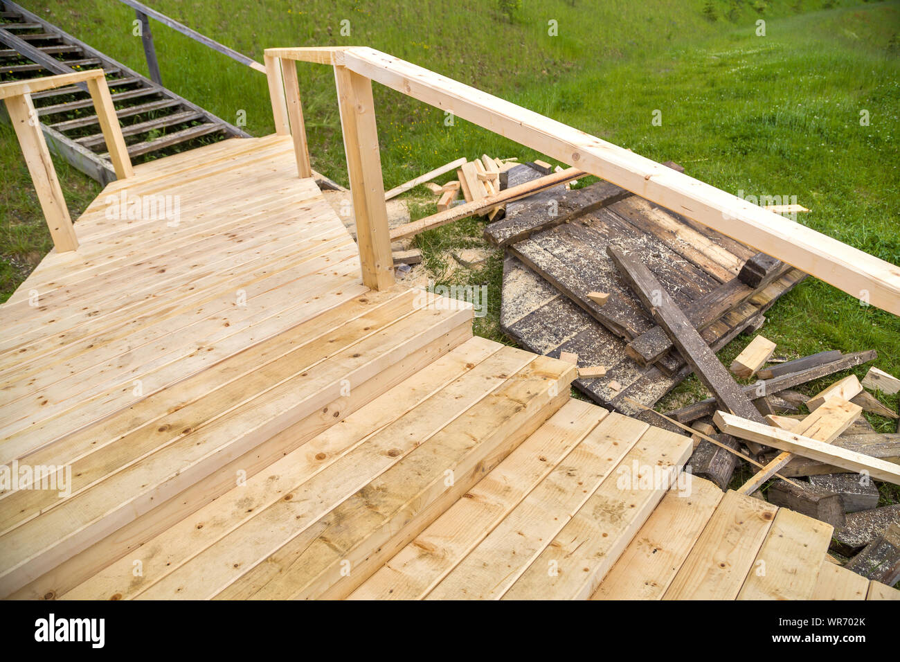 New wooden stairs outdoors. Carpenters work Stock Photo - Alamy