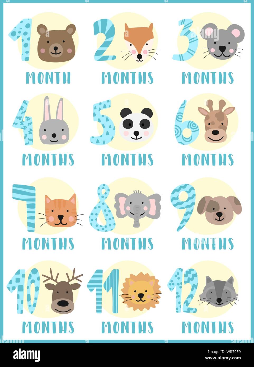 Vector image of 12 months for a baby girl with animals. A collection of ...