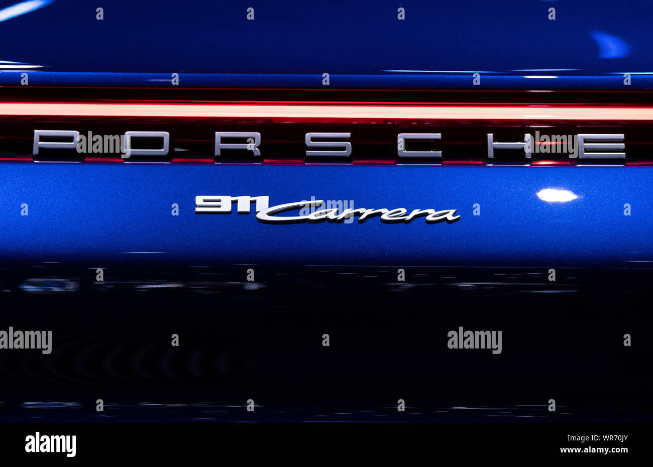 10 September 2019, Hessen, Frankfurt/Main: The lettering "Porsche 911 ...