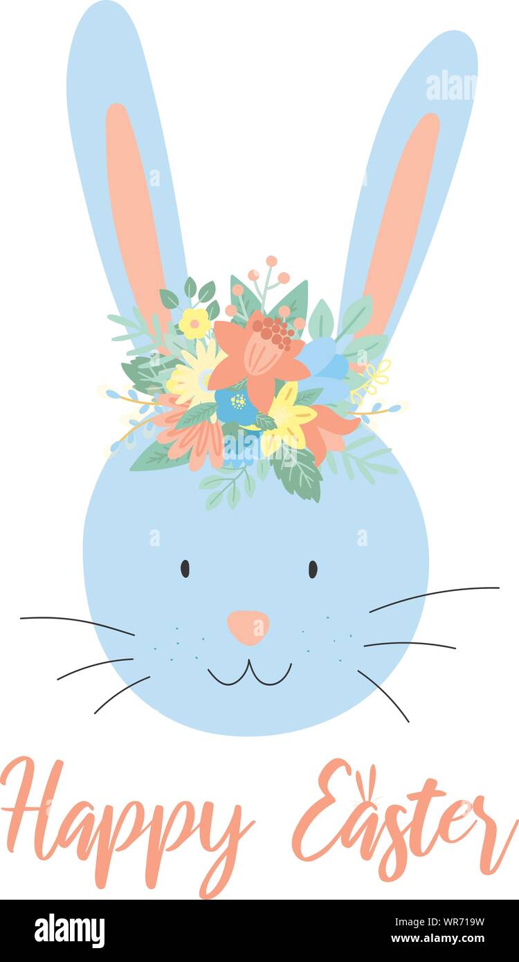 Vector image of a cute rabbit with flowers on the head with an ...