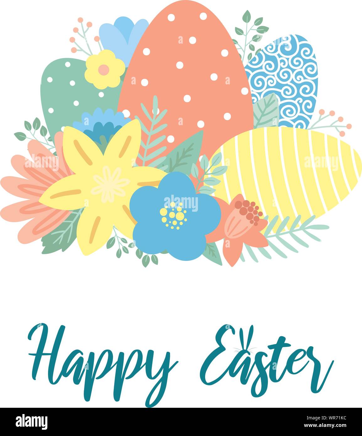 Vector image of eggs, flowers and leaves with an inscription with bunny ...