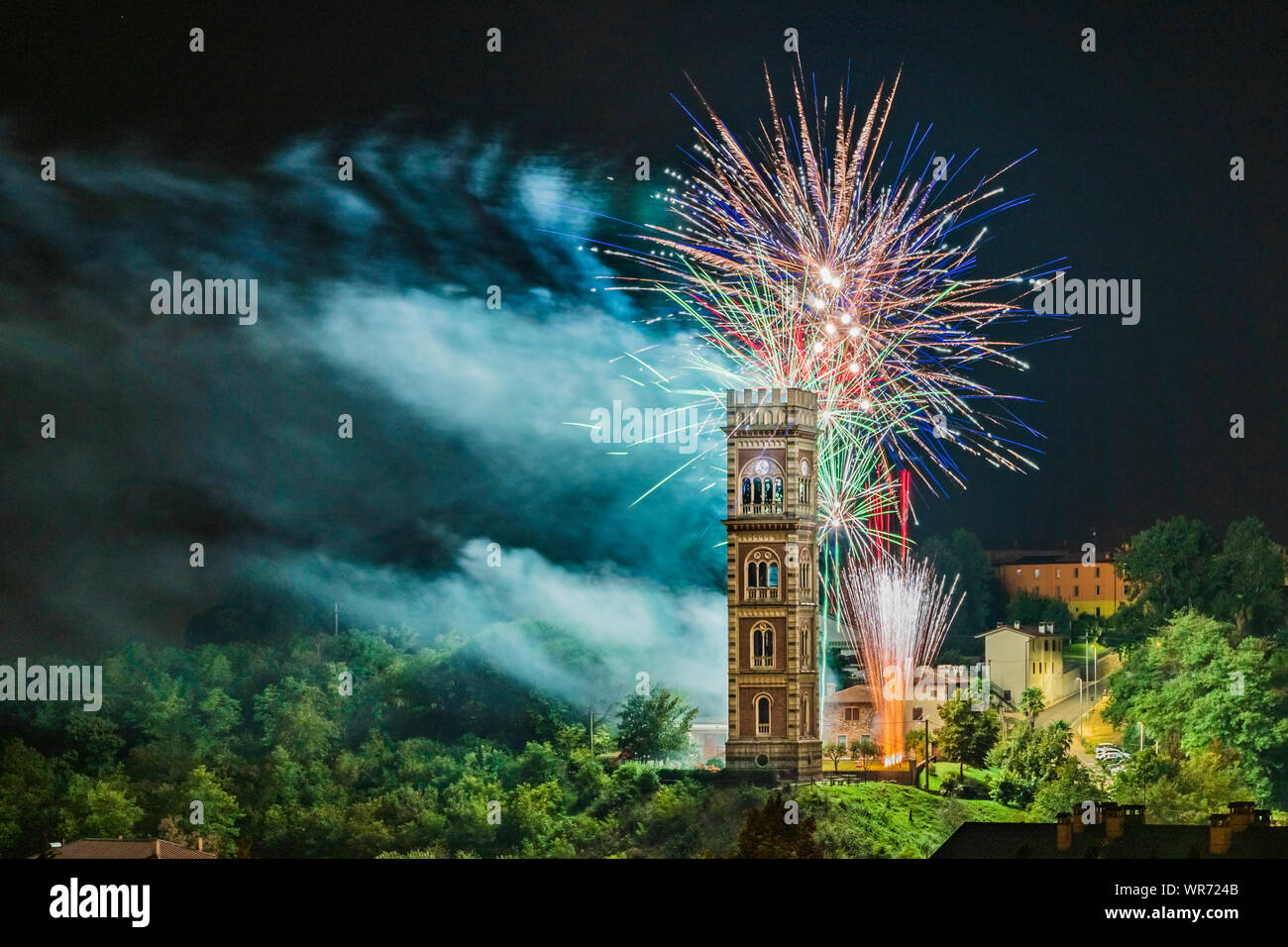 Explosion of colors. Fireworks, tower fire. Cassacco. Italy Stock Photo ...