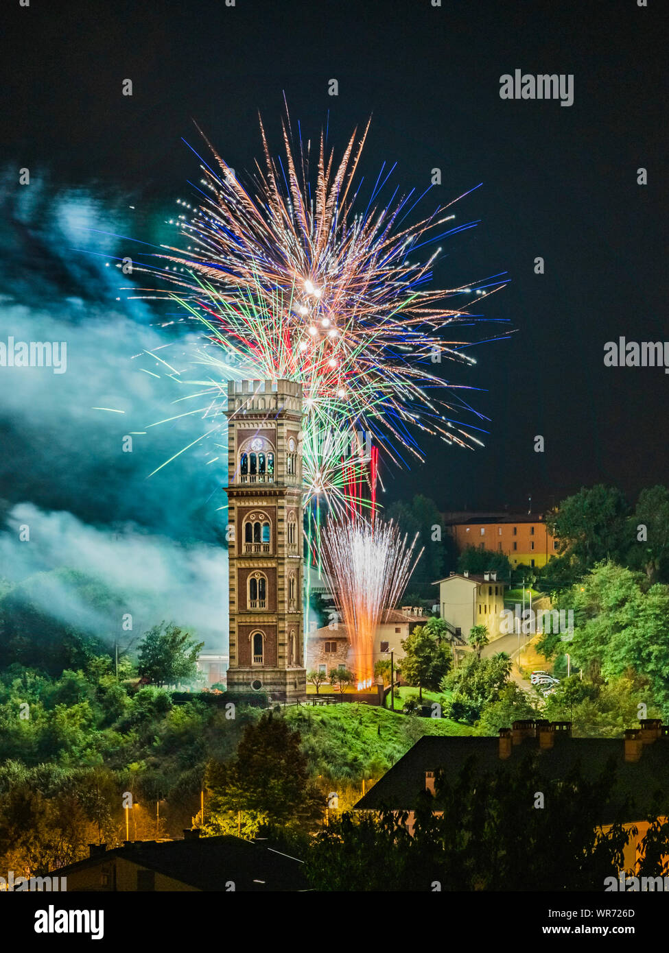 Explosion of colors. Fireworks, tower fire. Cassacco. Italy Stock Photo ...