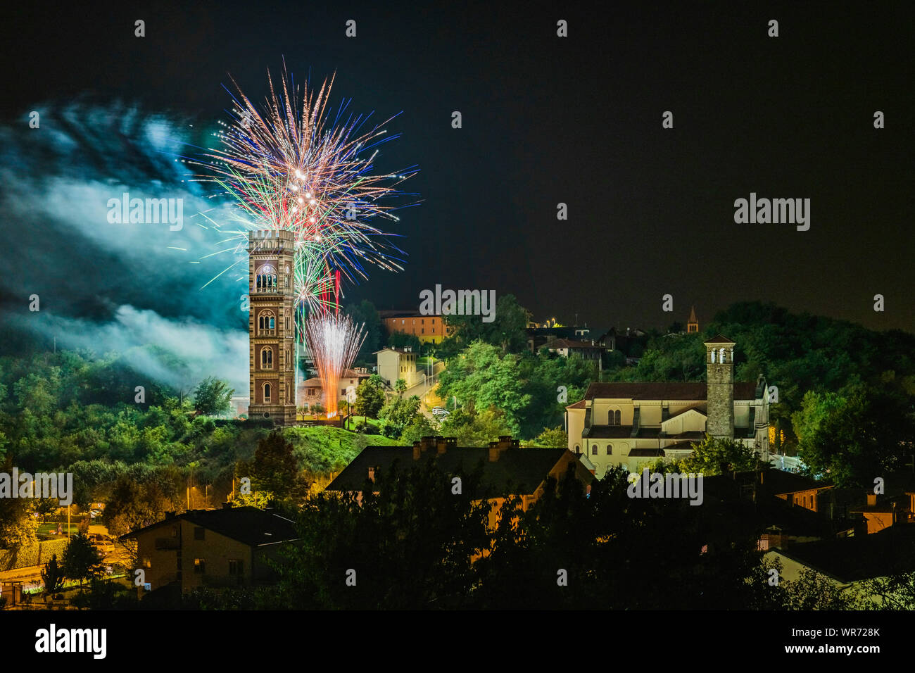 Explosion of colors. Fireworks, tower fire. Cassacco. Italy Stock Photo ...