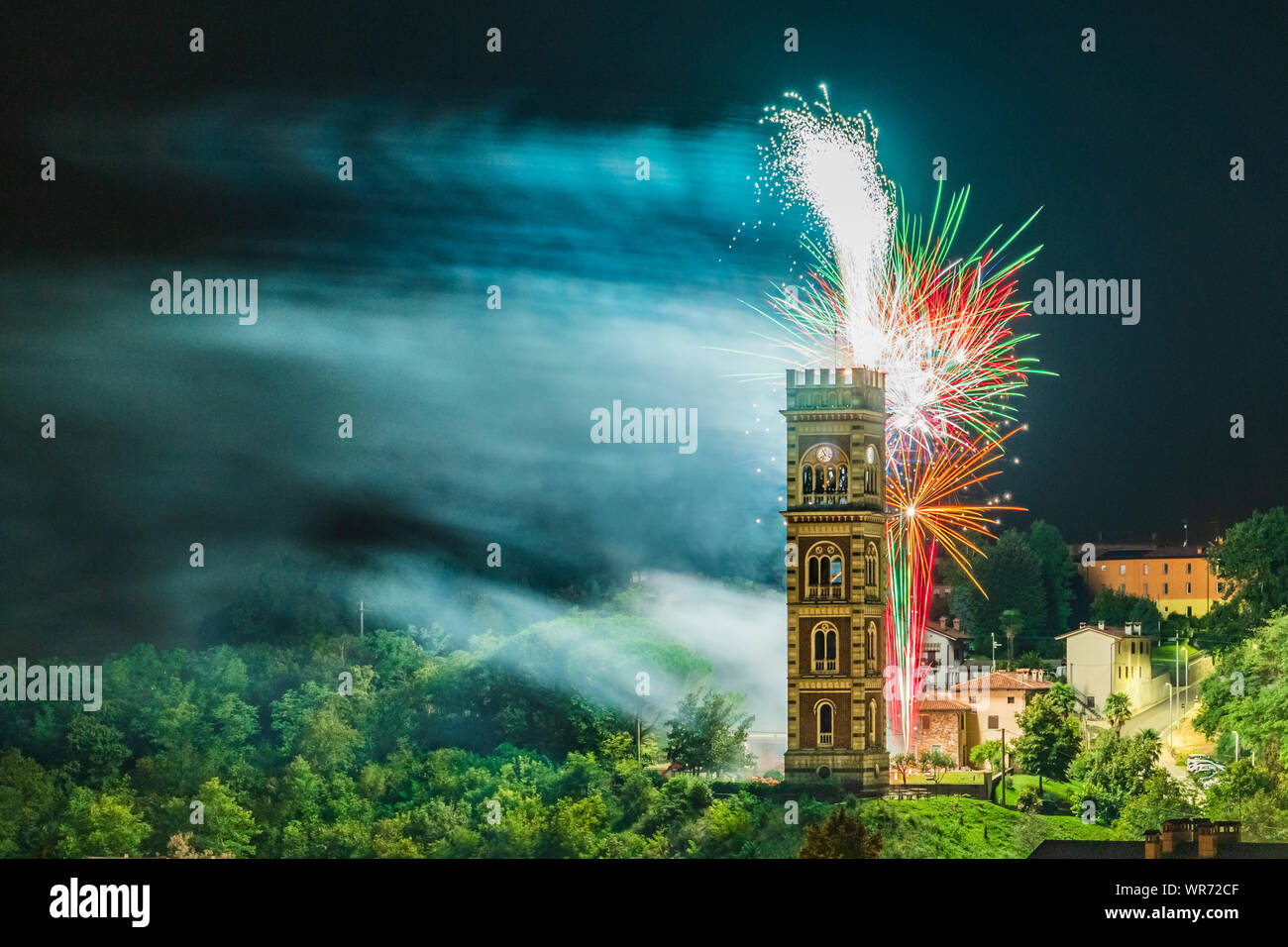 Explosion of colors. Fireworks, tower fire. Cassacco. Italy Stock Photo ...