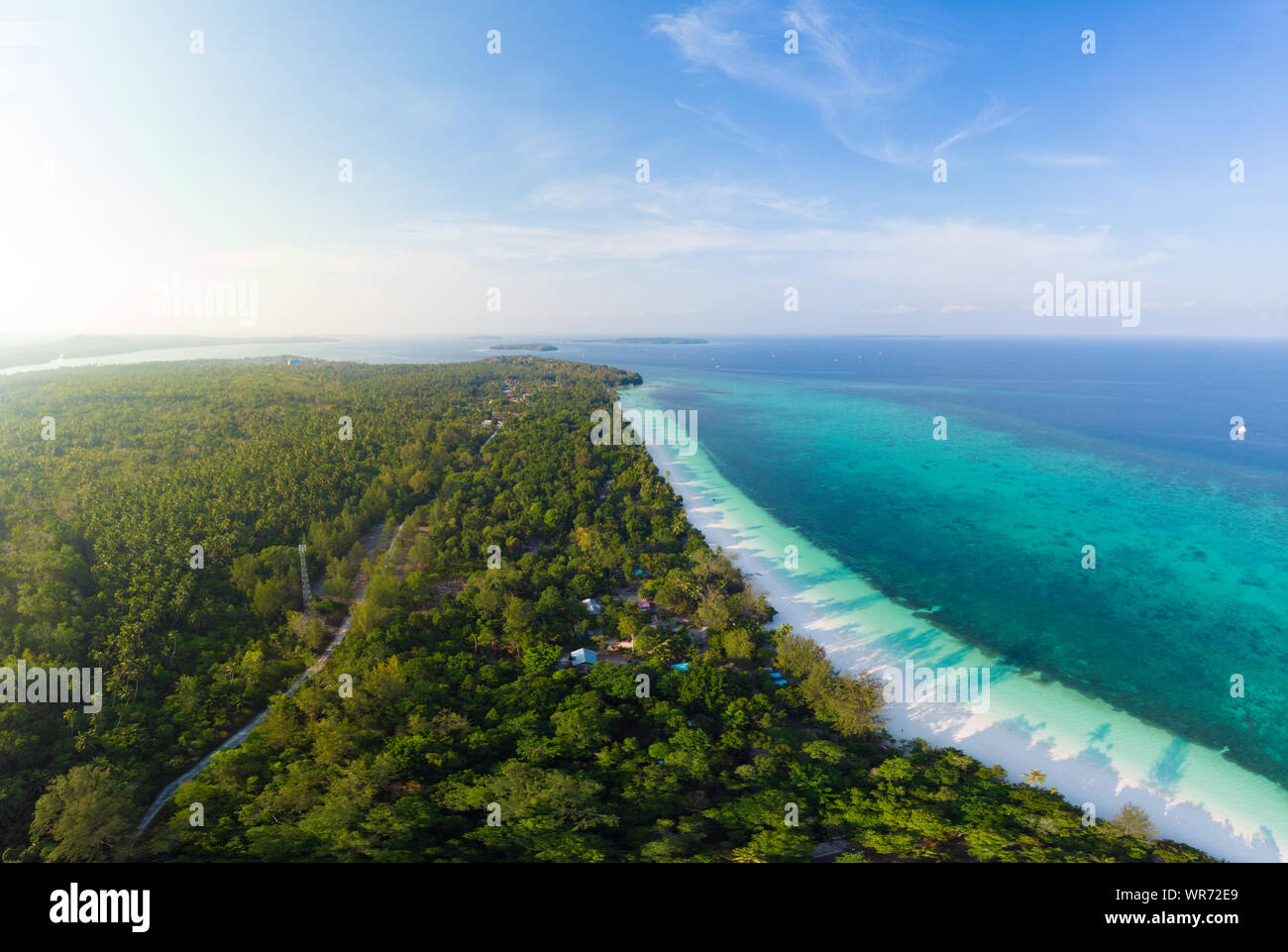 Aerial view tropical beach island reef caribbean sea at Pasir Panjang ...