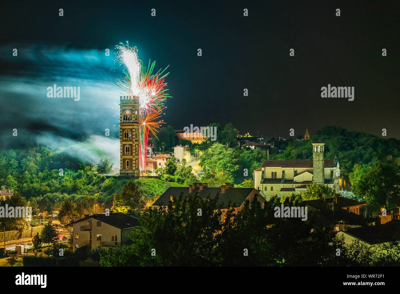 Explosion of colors. Fireworks, tower fire. Cassacco. Italy Stock Photo ...