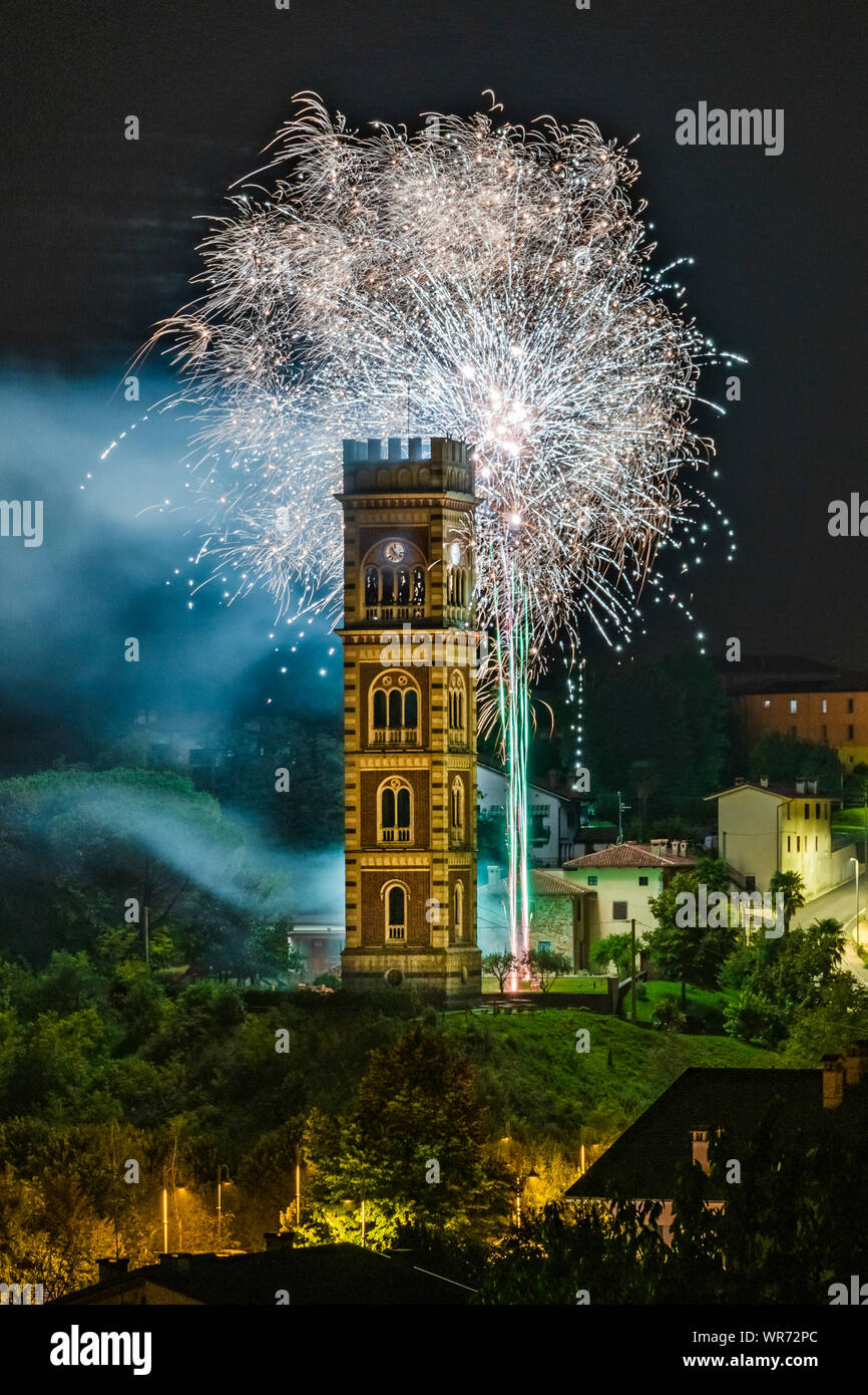 Explosion of colors. Fireworks, tower fire. Cassacco. Italy Stock Photo ...