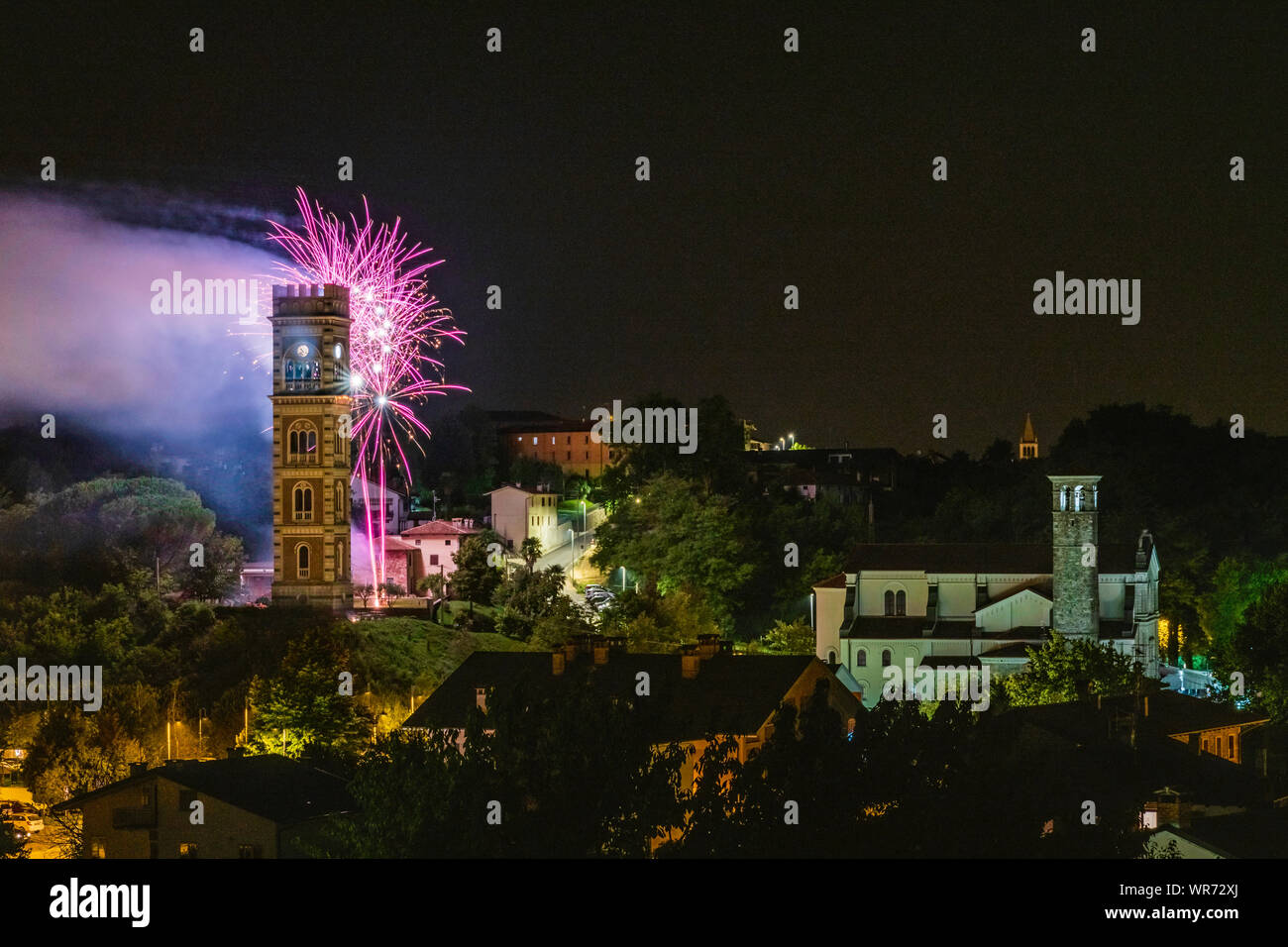 Explosion of colors. Fireworks, tower fire. Cassacco. Italy Stock Photo ...