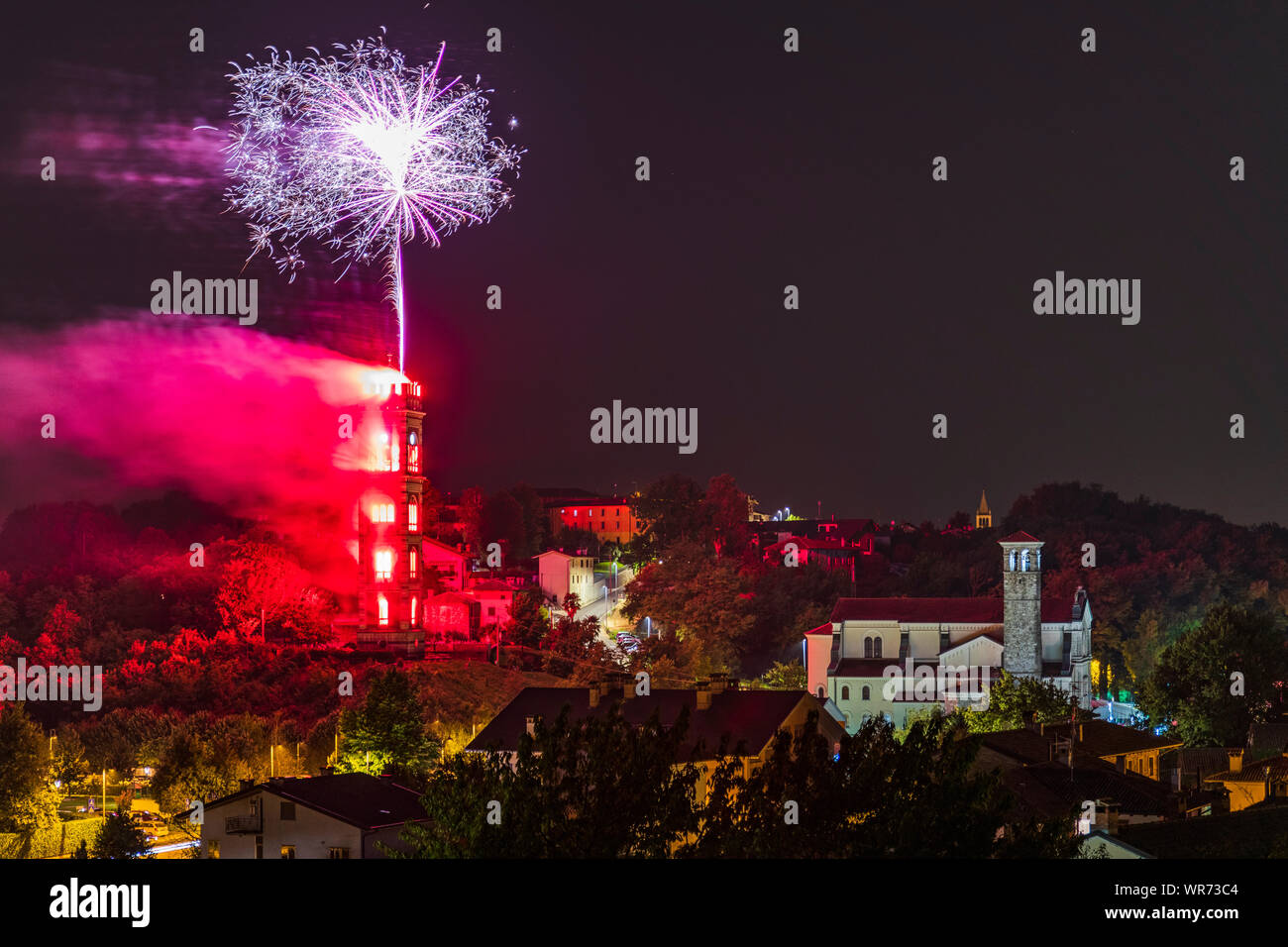 Explosion of colors. Fireworks, tower fire. Cassacco. Italy Stock Photo ...