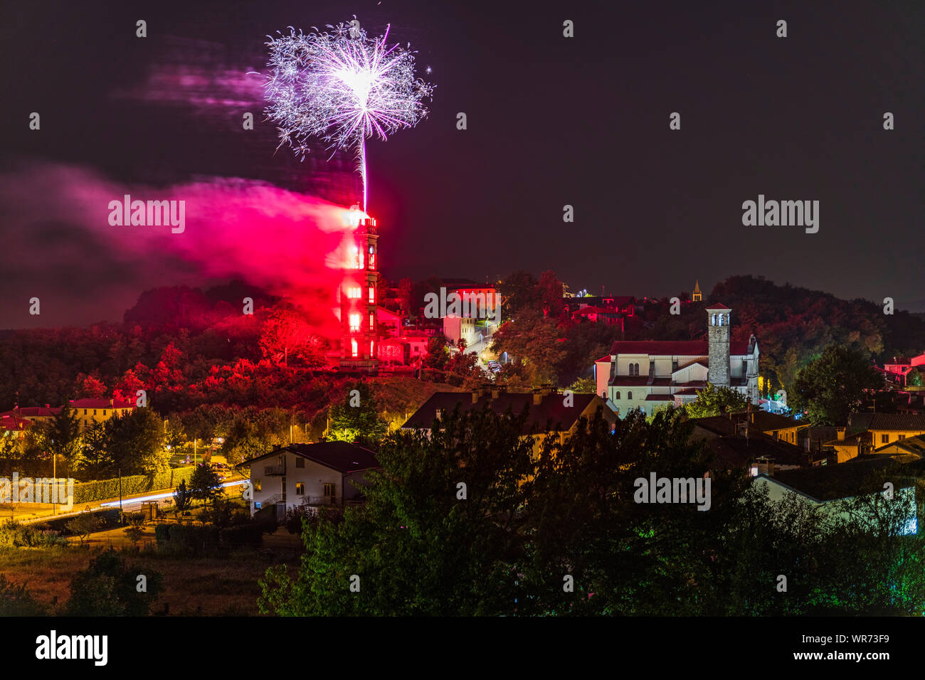 Explosion of colors. Fireworks, tower fire. Cassacco. Italy Stock Photo ...