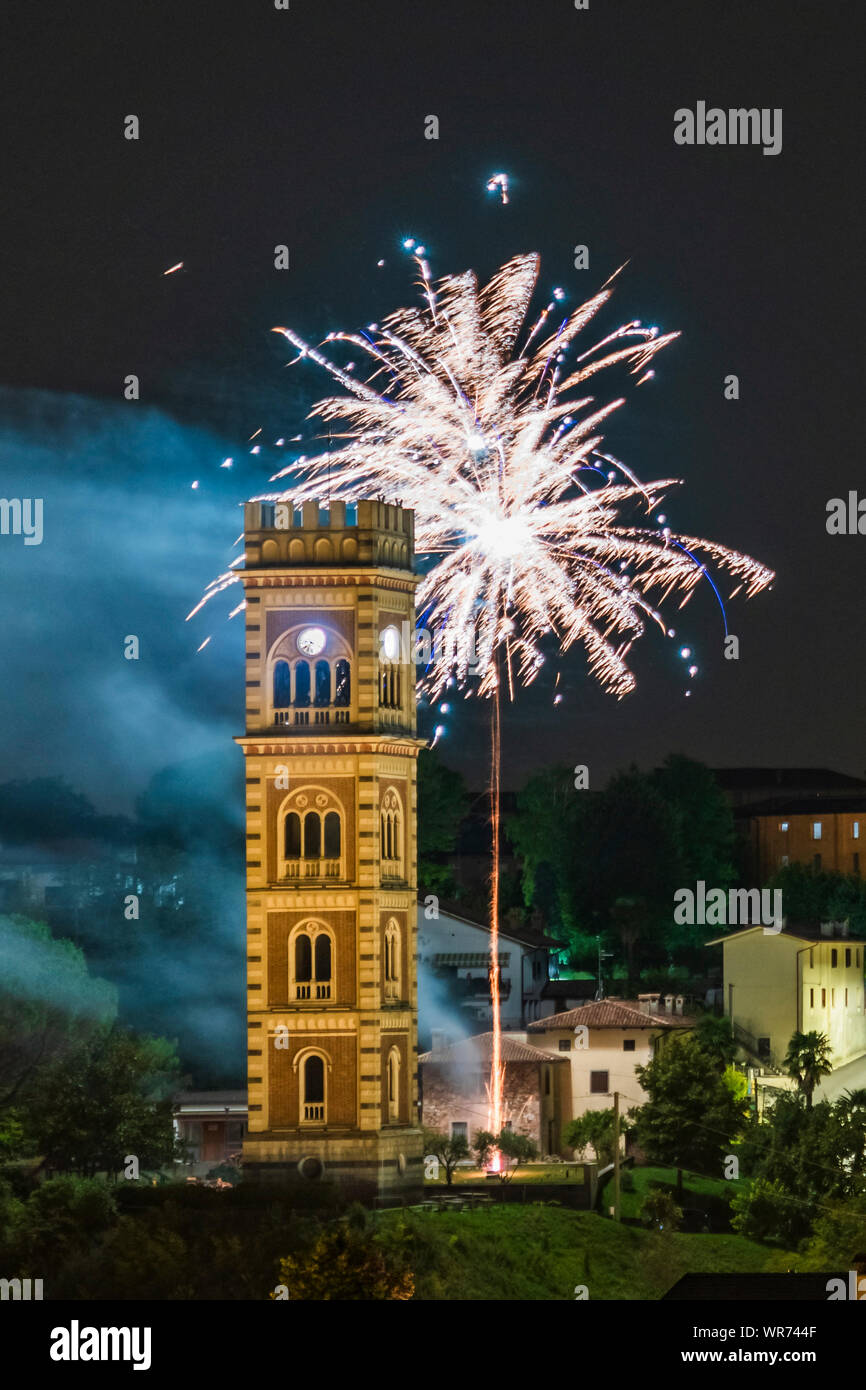 Explosion of colors. Fireworks, tower fire. Cassacco. Italy Stock Photo ...