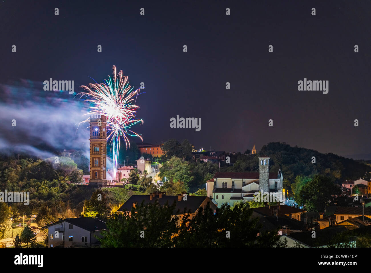 Explosion of colors. Fireworks, tower fire. Cassacco. Italy Stock Photo ...