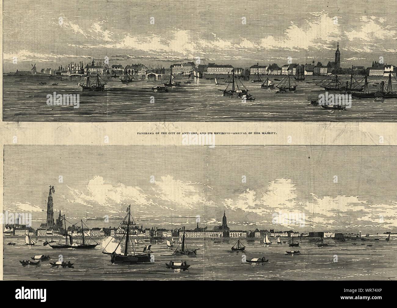 Antwerp panorama from the sea. Arrival of Queen Victoria. Belgium 1845 ...
