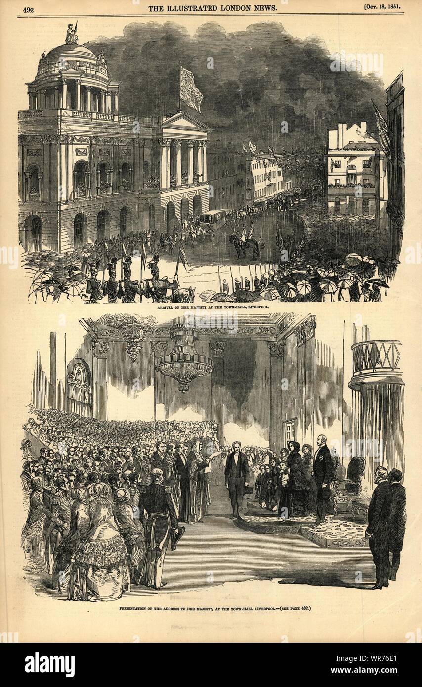 Queen Victoria at Liverpool town hall. Arrival & address 1851 antique ...