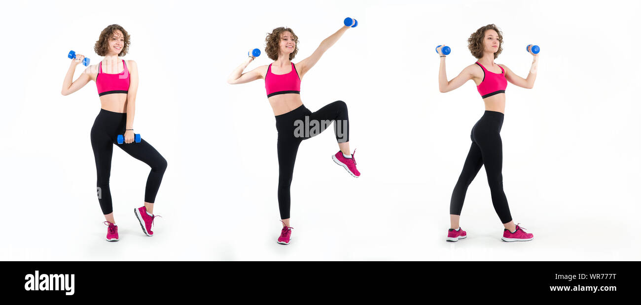 Young athletic woman does three different exercises with dumbbells ...