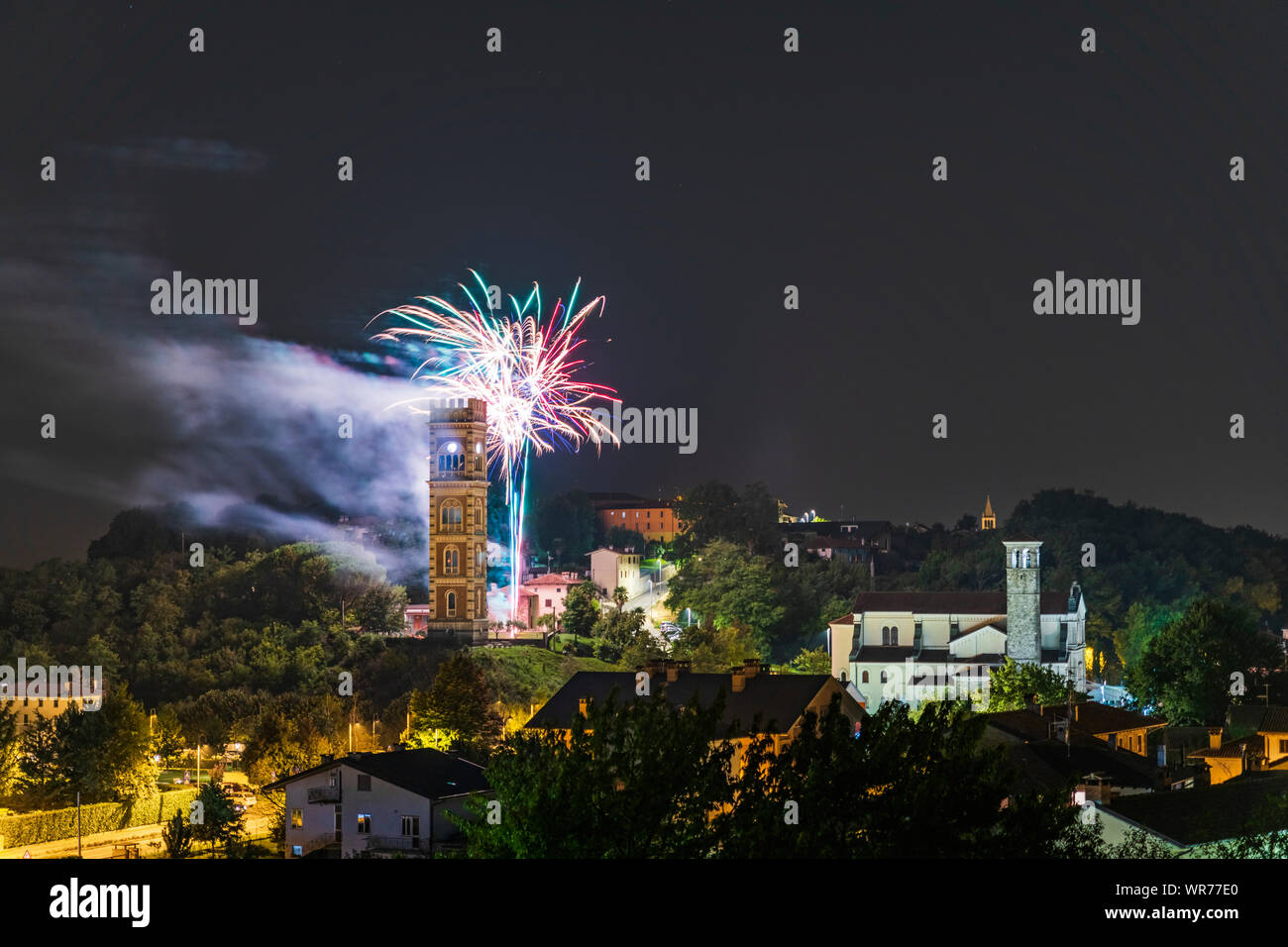 Explosion of colors. Fireworks, tower fire. Cassacco. Italy Stock Photo ...