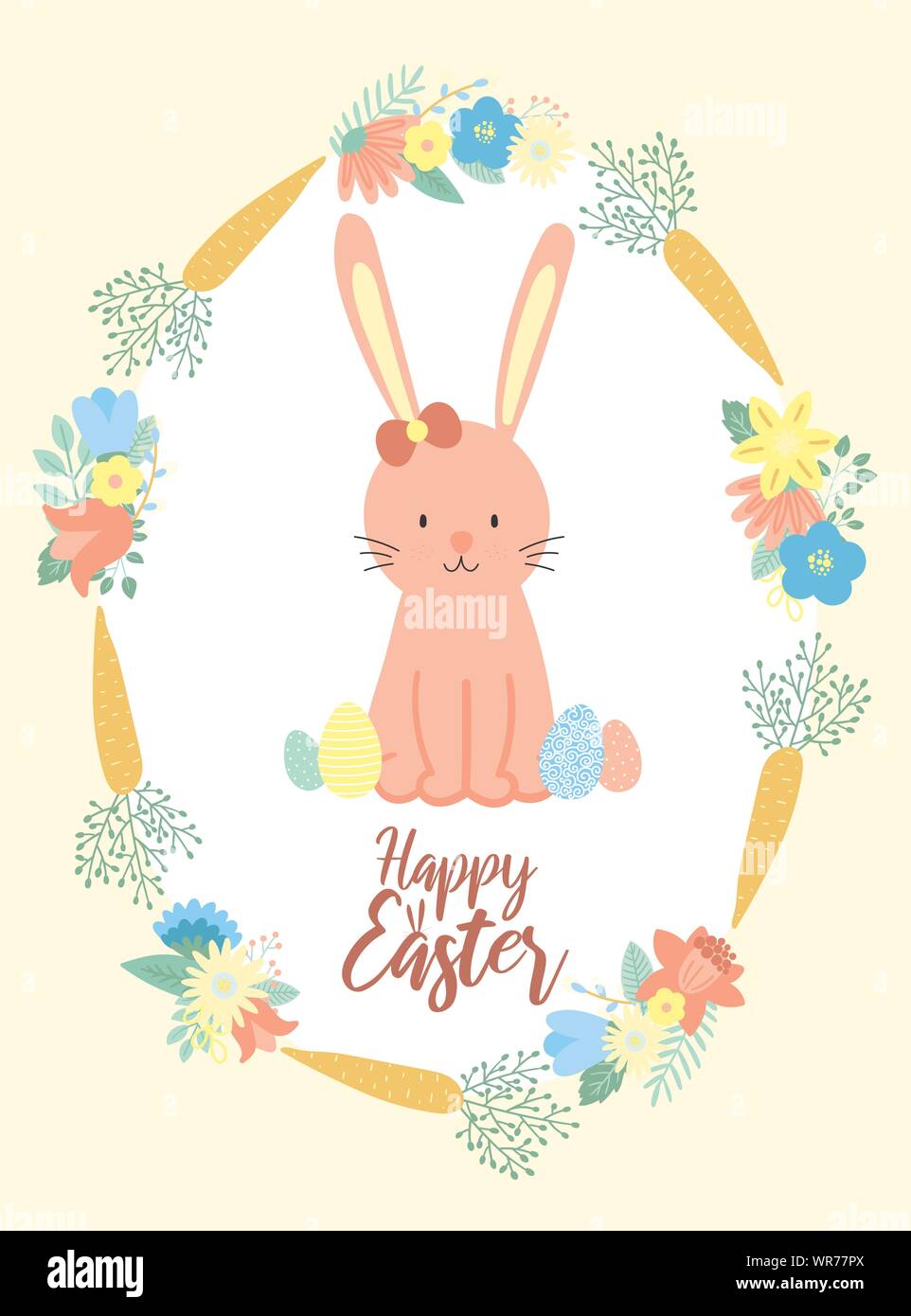 Vector image of a pink rabbit in the flowers and carrots wreath. Hand ...