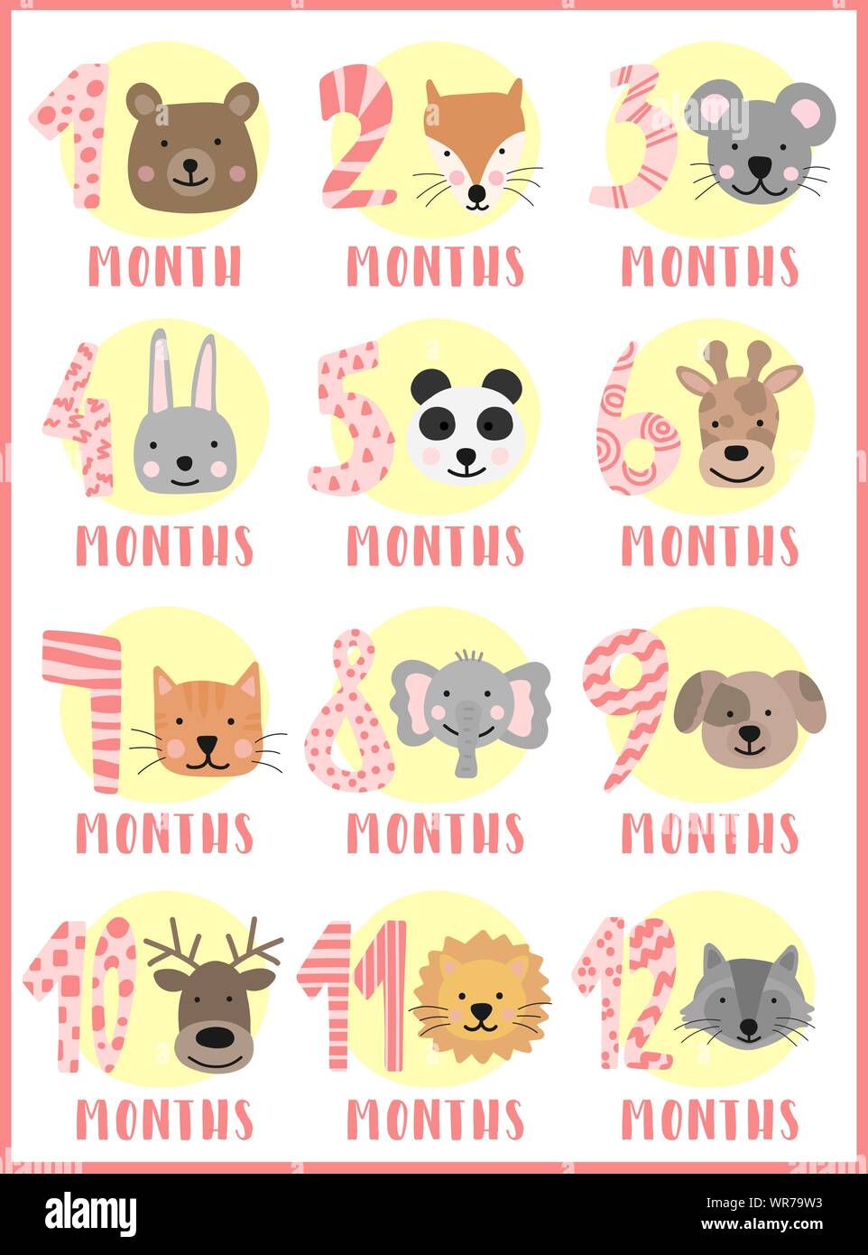 Vector image of 12 months for a baby girl with animals. A collection of ...