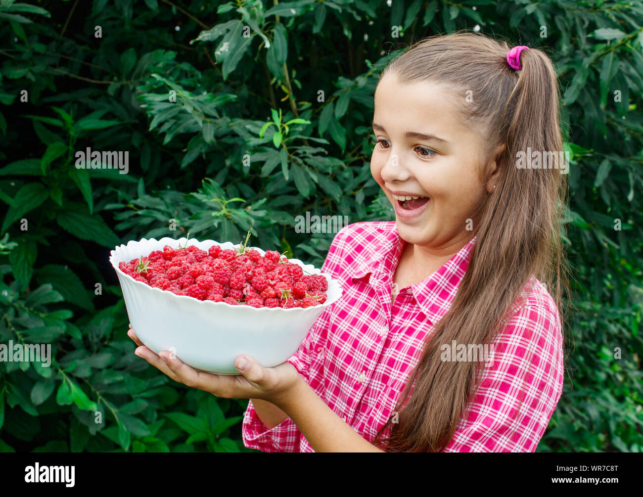 beautiful teen girl holding a bowl of raspberries in the garden closeup ...