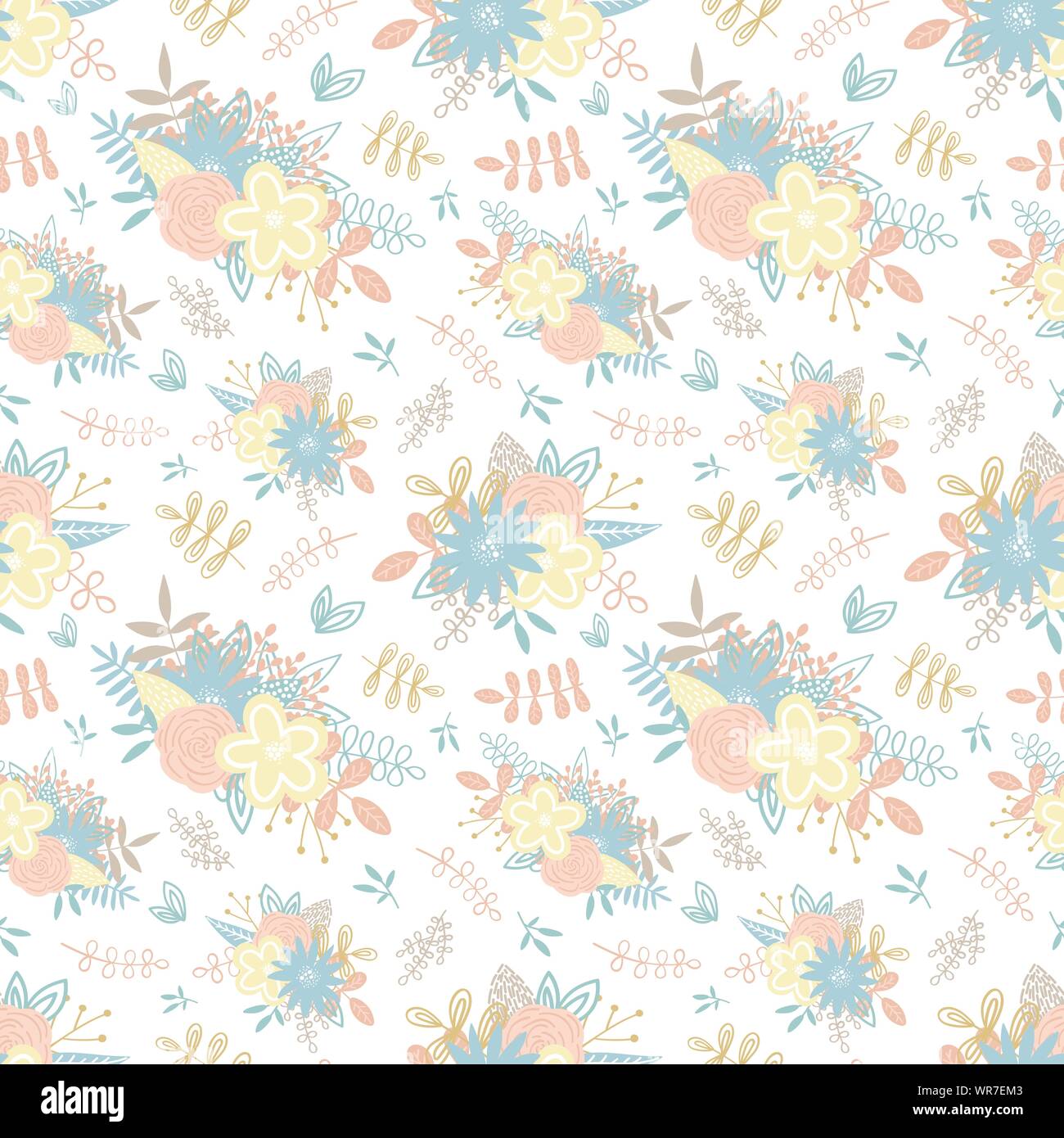 Seamless cartoon pattern hand-drawn floral elements, bouquets, flowers ...