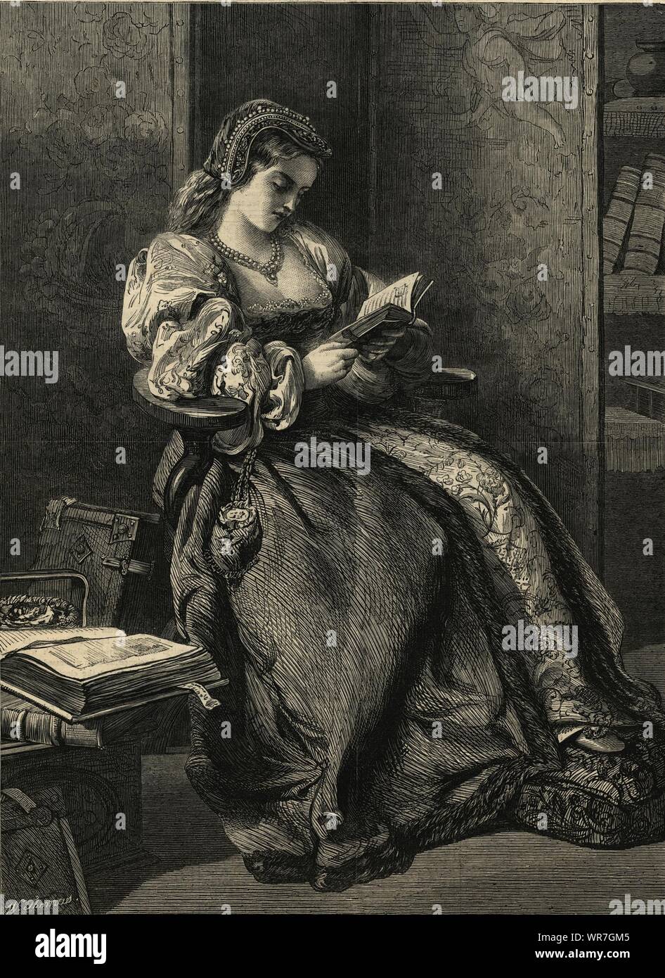 "Lady Jane Grey", by F. Wyburd. Royalty. Reading a book 1866 antique ...