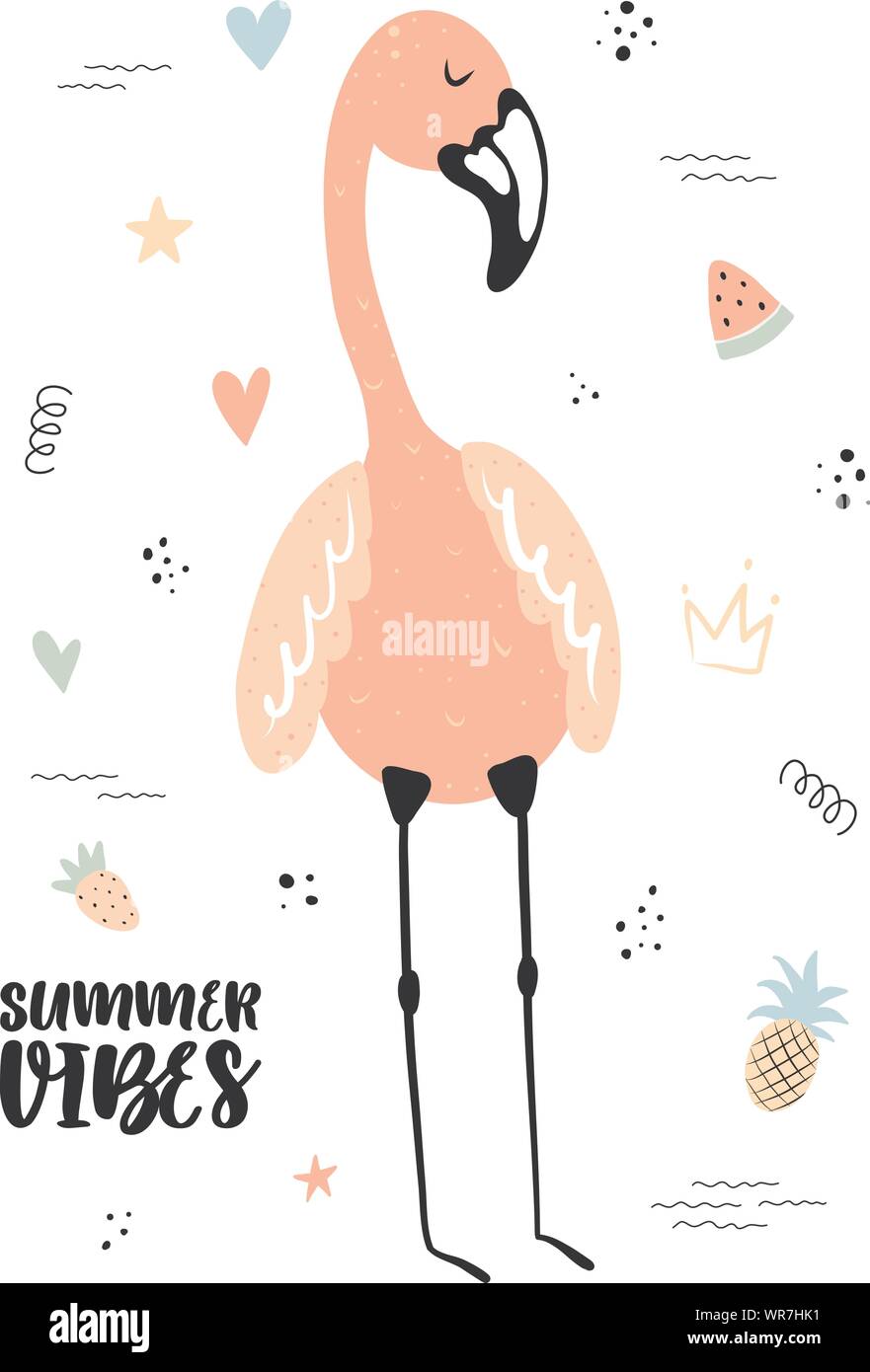 Vector tropical illustration of a flamingo with strawberry, pineapple ...