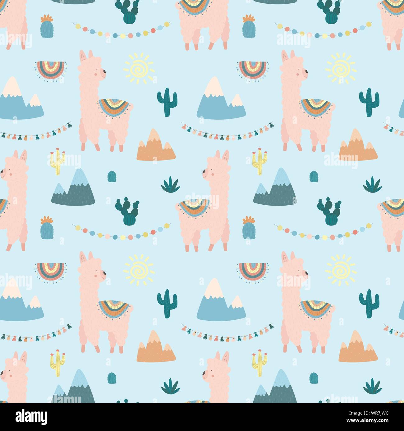 Seamless pattern of cute pink llamas or alpacas, mountains, cacti ...